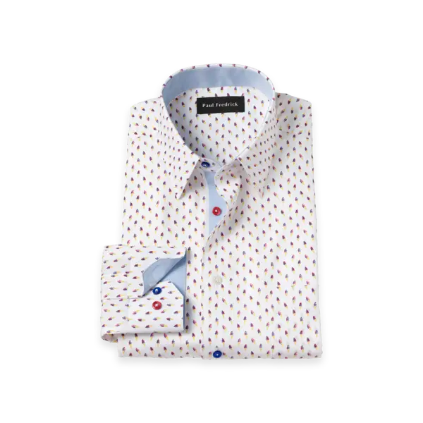 PAUL FREDRICK Cotton Point Collar Poplin Classic Contrast Trim Button Cuff Long Sleeve - White/blue