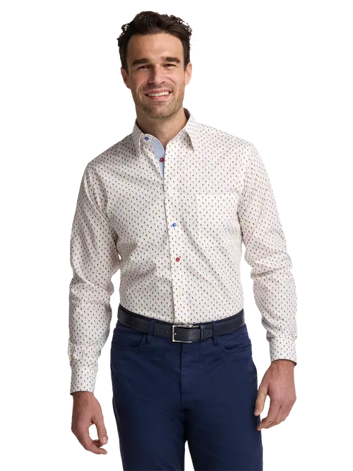 PAUL FREDRICK Cotton Point Collar Poplin Classic Contrast Trim Button Cuff Long Sleeve - White/blue