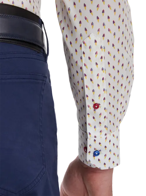 PAUL FREDRICK Cotton Point Collar Poplin Classic Contrast Trim Button Cuff Long Sleeve - White/blue