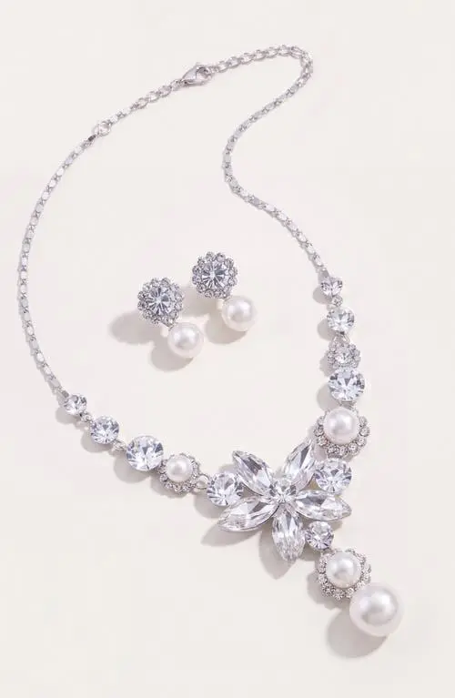 MODENAIRE Flower Pearl Drop Necklace And Earrings Set