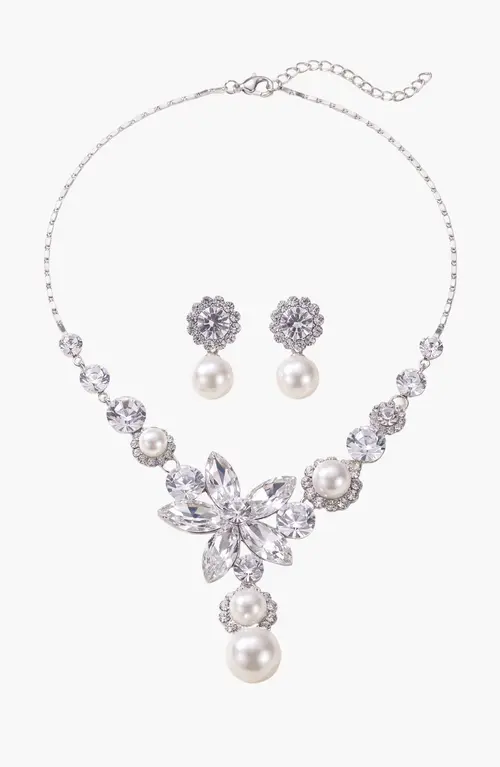 MODENAIRE Flower Pearl Drop Necklace And Earrings Set - Silver