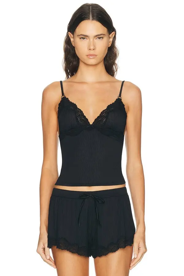 FLEUR DU MAL Ribbed Knit Camisole With Lace Trim - Black