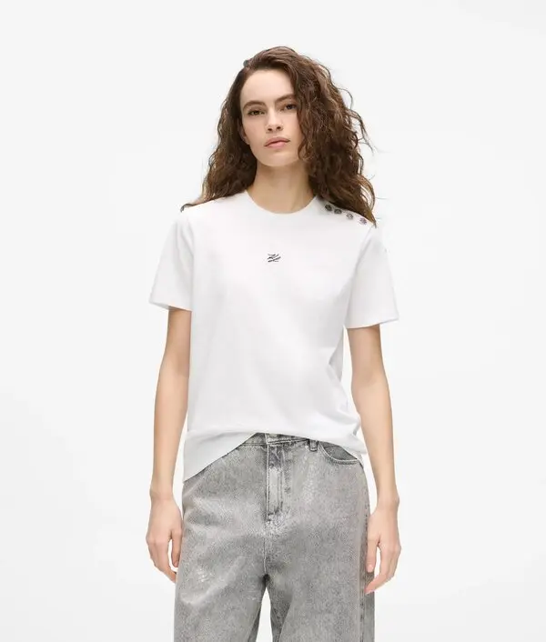 Karl Lagerfeld Organic Cotton T-shirt With Button Detail - White