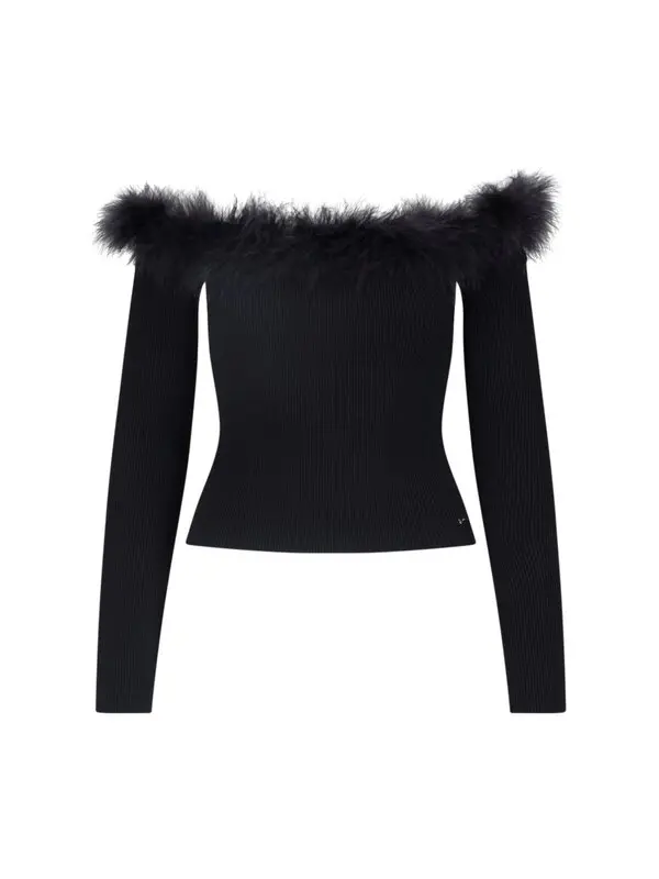 Gucci Ribbed Viscose Off-shoulder Top With Feather Trim