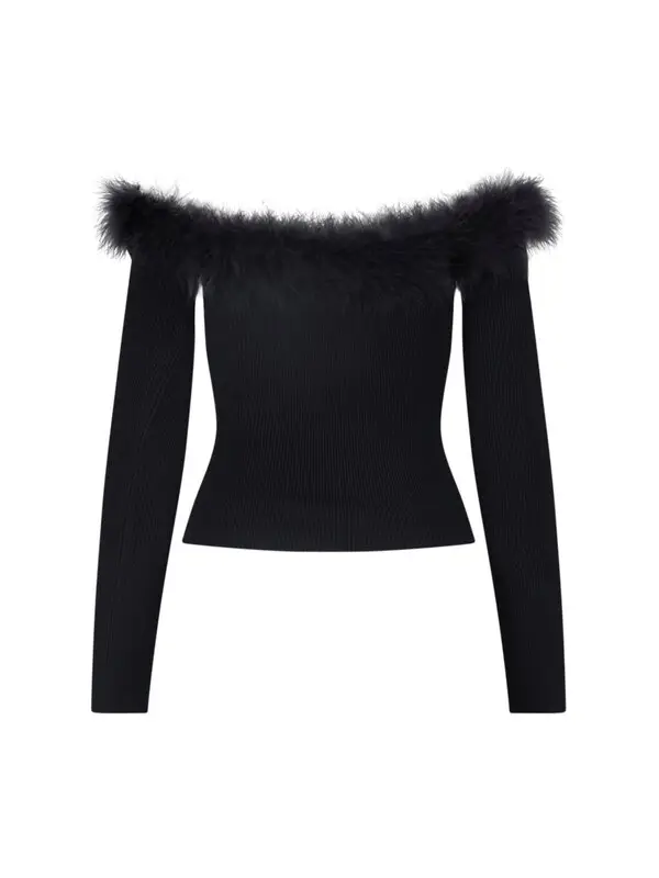 Gucci Ribbed Viscose Off-shoulder Top With Feather Trim