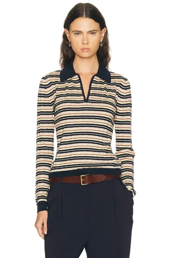 Guest In Residence Striped Silk & Linen Polo Sweater