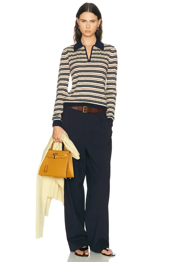 Guest In Residence Striped Silk & Linen Polo Sweater