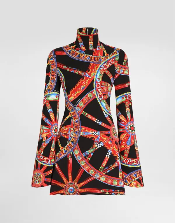 Dolce & Gabbana Carretto-print Charmeuse Dress With Bell Sleeves