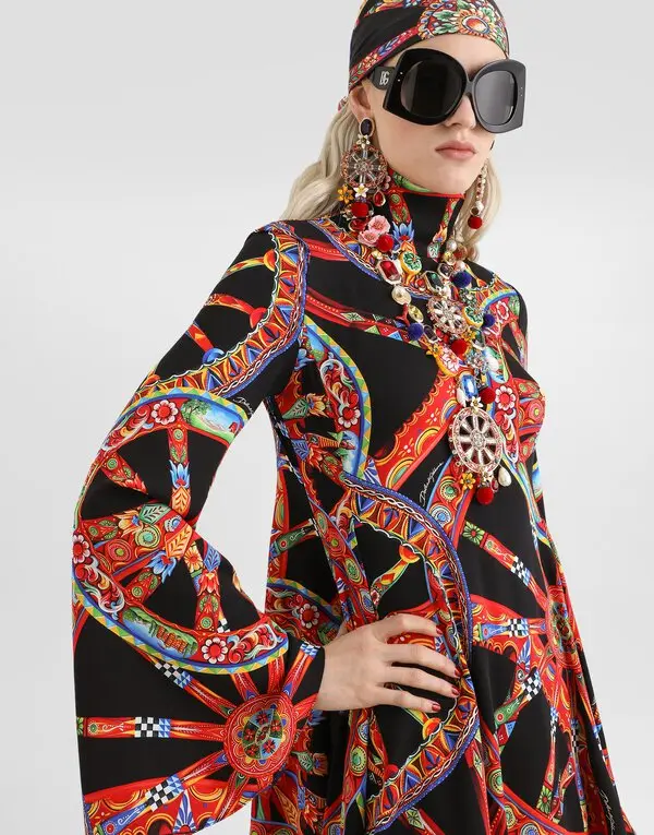 Dolce & Gabbana Carretto-print Charmeuse Dress With Bell Sleeves