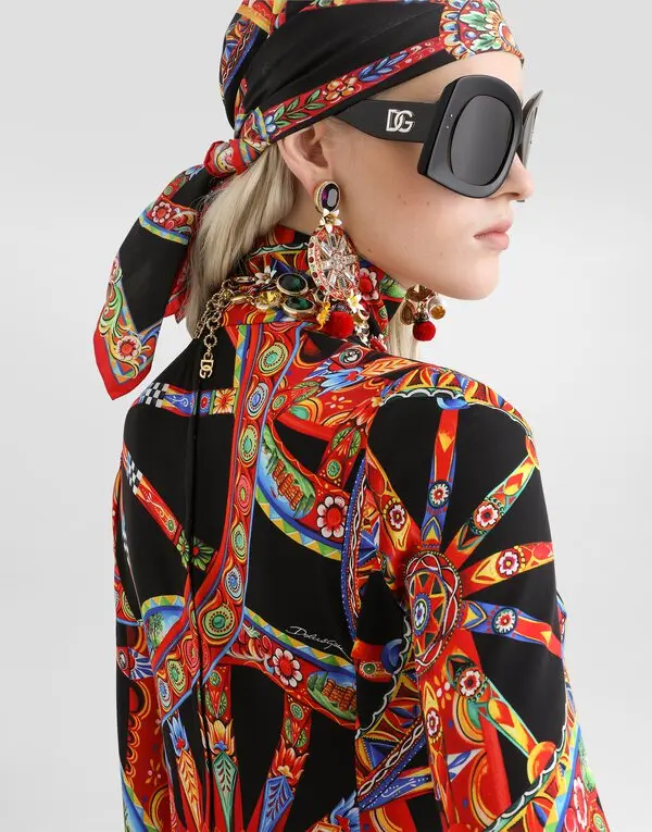 Dolce & Gabbana Carretto-print Charmeuse Dress With Bell Sleeves