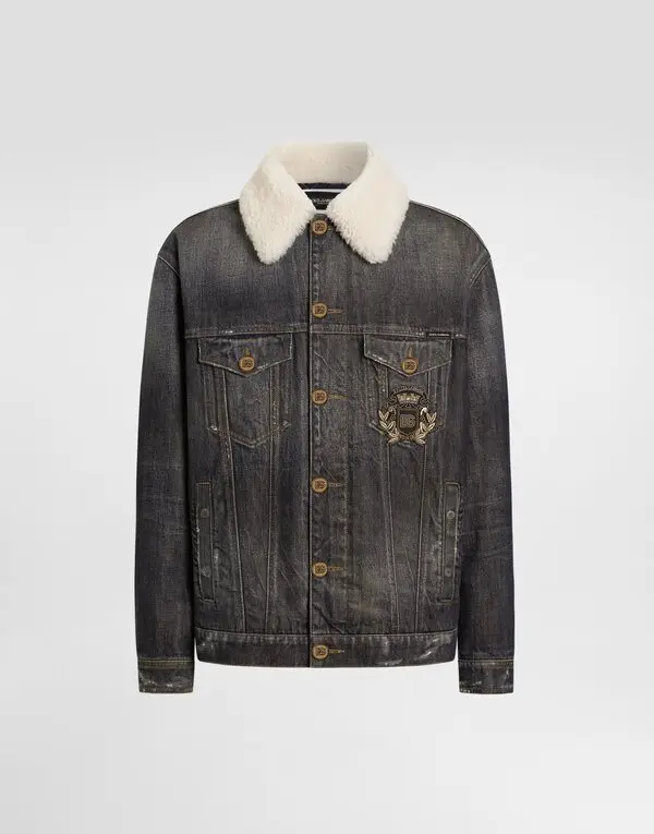 Dolce & Gabbana Denim Jacket With Fur Collar And Logo Patch