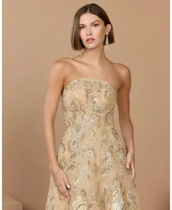 Mac Duggal Strapless Embellished Brocade A-line Gown