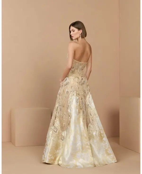 Mac Duggal Strapless Embellished Brocade A-line Gown