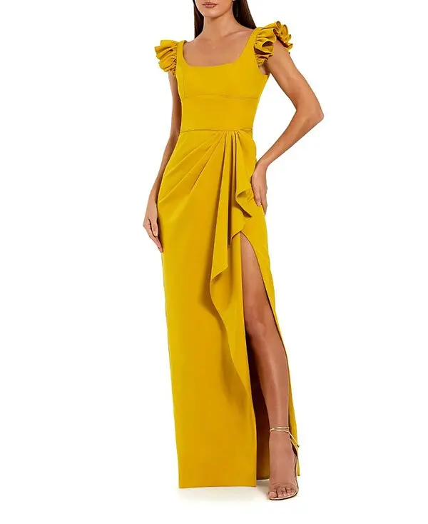 Mac Duggal Crepe Column Gown With Square Neck And Ruffle Detail - Chartreuse