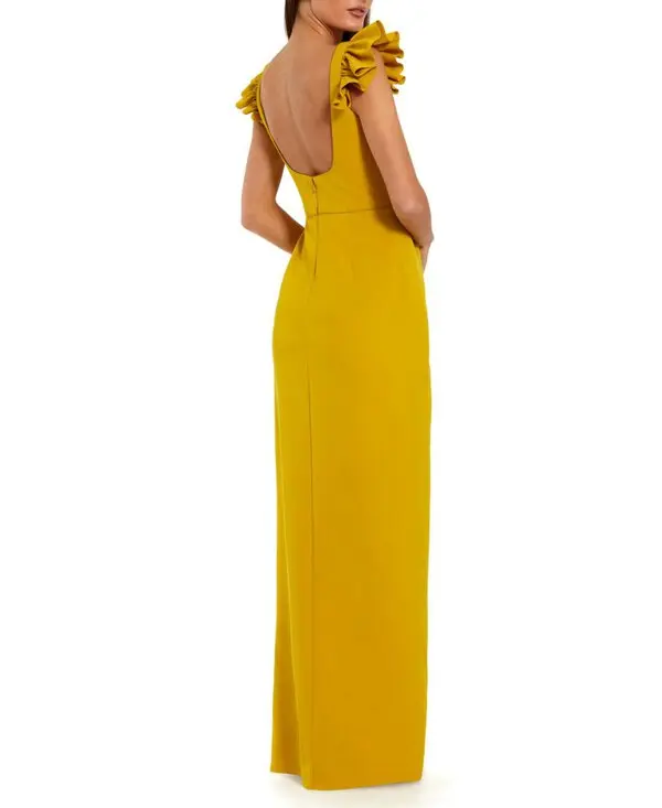 Mac Duggal Crepe Column Gown With Square Neck And Ruffle Detail - Chartreuse