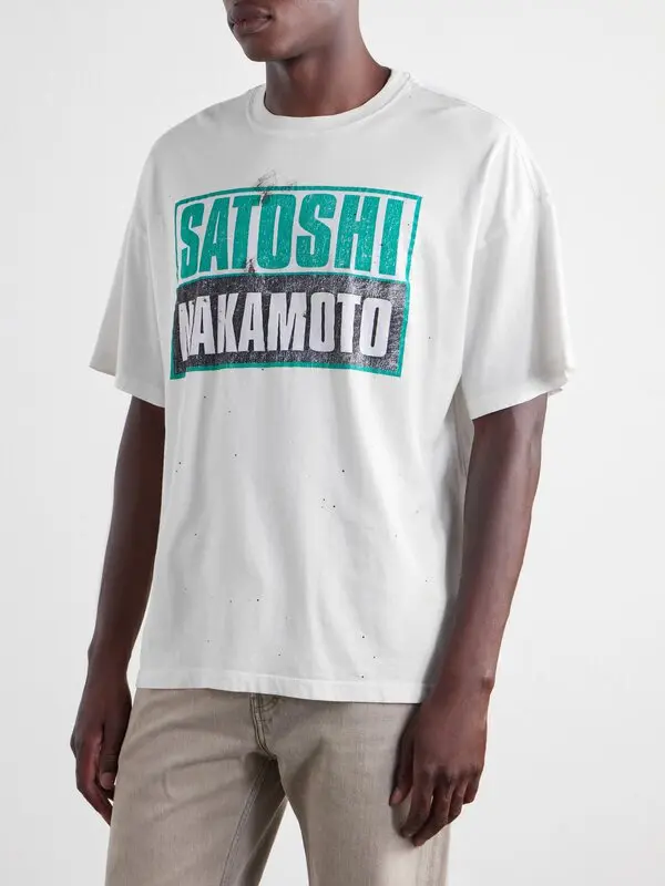 SATOSHI NAKAMOTO Minute Logo-print Distress Cotton-jersey T-shirt