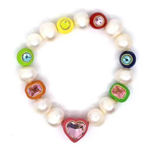 Shar Oke Freshwater Pearl And Multicolored Gemstone Bracelet With Heart Motif - White