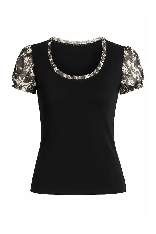 CONQUISTA Viscose Jersey Top With Printed Puff Sleeves And Ruffled Neckline