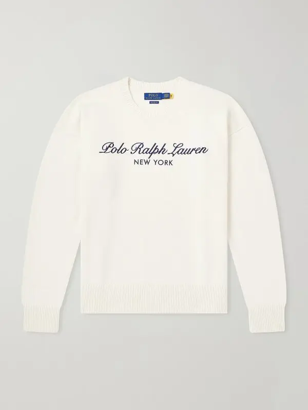Polo Ralph Lauren Embroidered Wool And Cotton-blend Crewneck Sweater - Neutrals