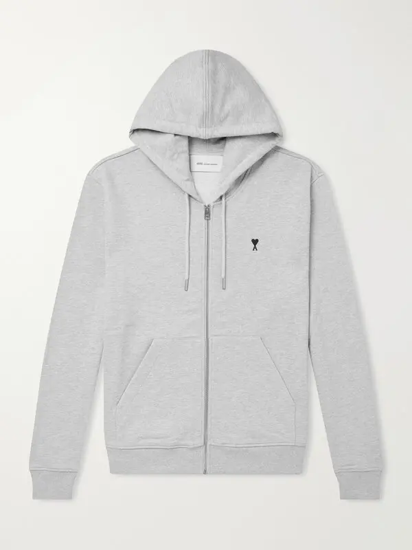 AMI Paris Logo-embroidered Cotton-jersey Zip-up Hoodie - Gray