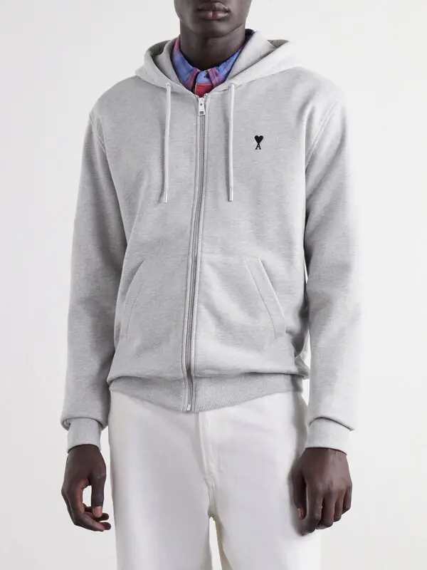 AMI Paris Logo-embroidered Cotton-jersey Zip-up Hoodie - Gray