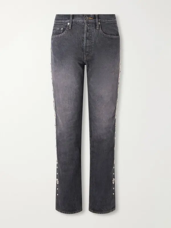 Kapital Monkey Cisco Straight-leg Leather-trimmed Embellished Jeans
