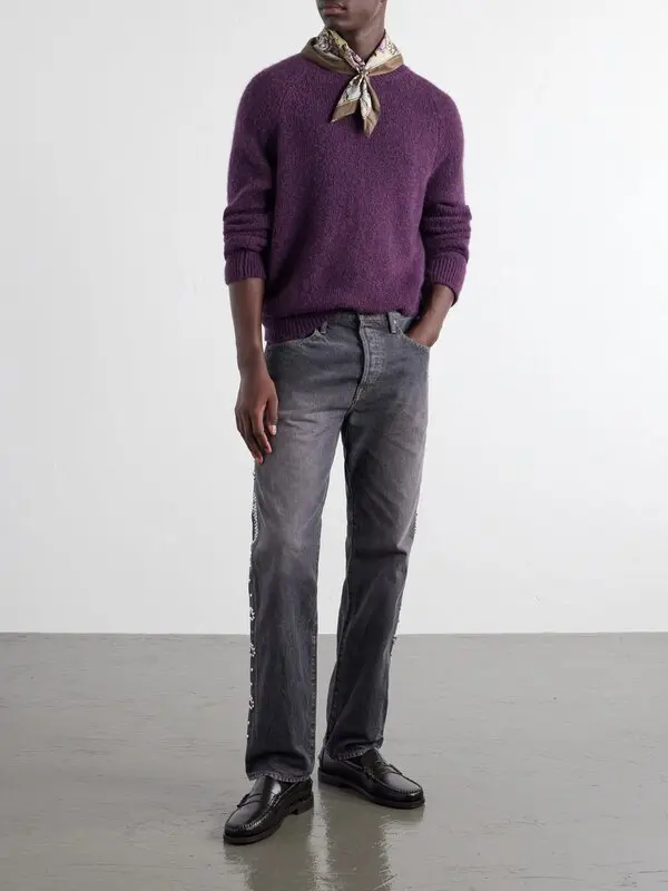 Kapital Monkey Cisco Straight-leg Leather-trimmed Embellished Jeans
