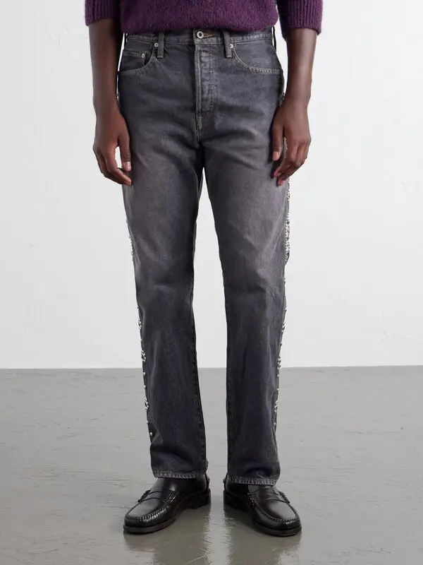 Kapital Monkey Cisco Straight-leg Leather-trimmed Embellished Jeans