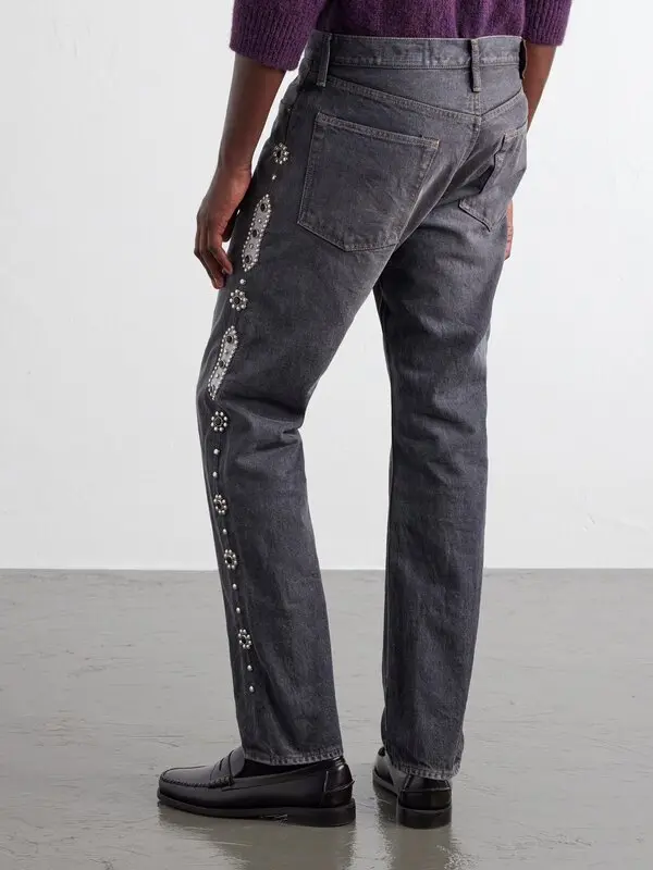 Kapital Monkey Cisco Straight-leg Leather-trimmed Embellished Jeans
