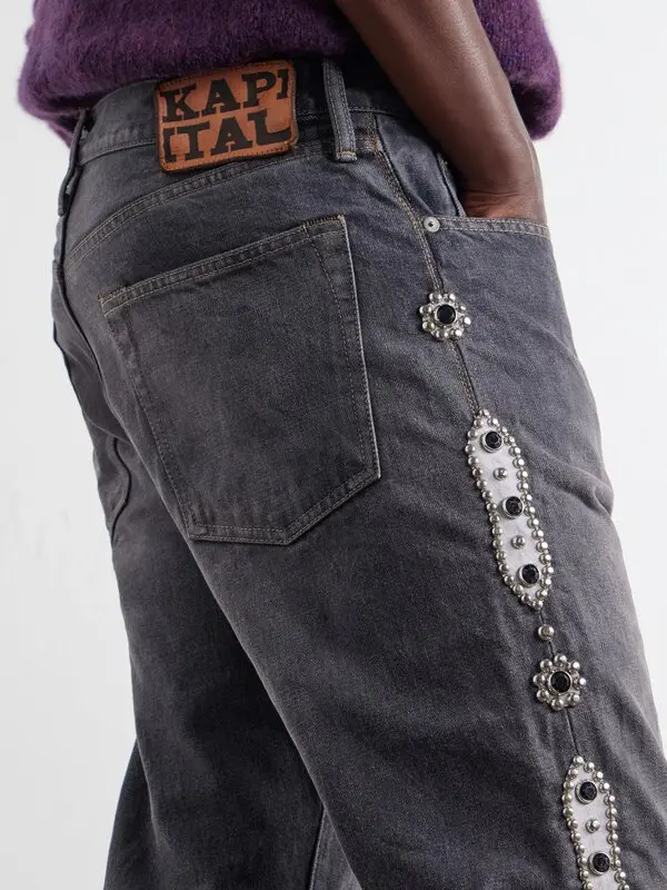 Kapital Monkey Cisco Straight-leg Leather-trimmed Embellished Jeans