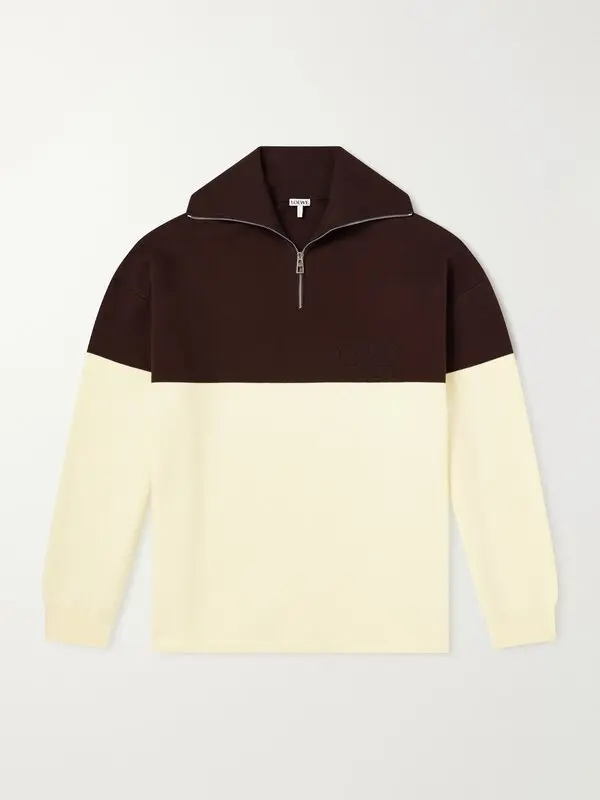 Loewe Anagram-embossed Two-tone Cotton-blend Jersey Half-zip Sweater - Brown