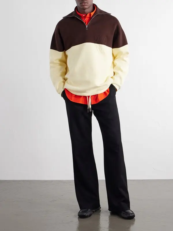 Loewe Anagram-embossed Two-tone Cotton-blend Jersey Half-zip Sweater - Brown
