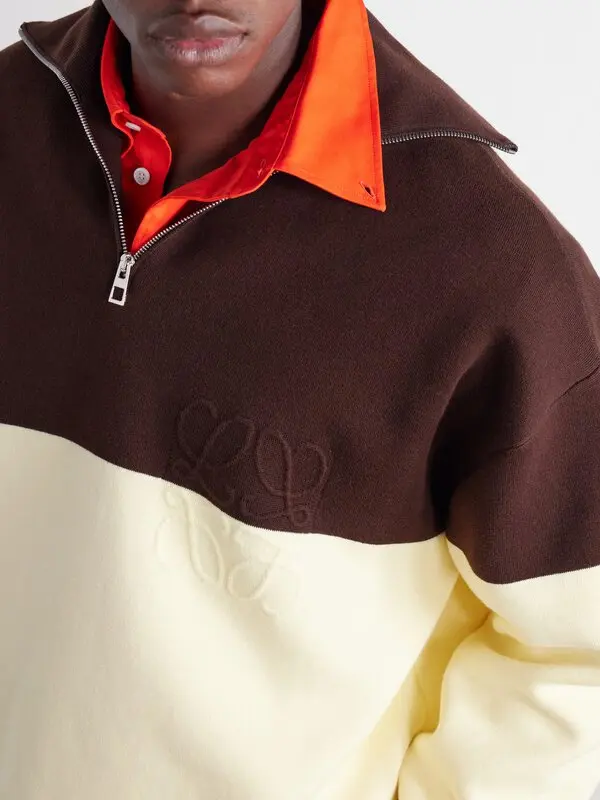Loewe Anagram-embossed Two-tone Cotton-blend Jersey Half-zip Sweater - Brown
