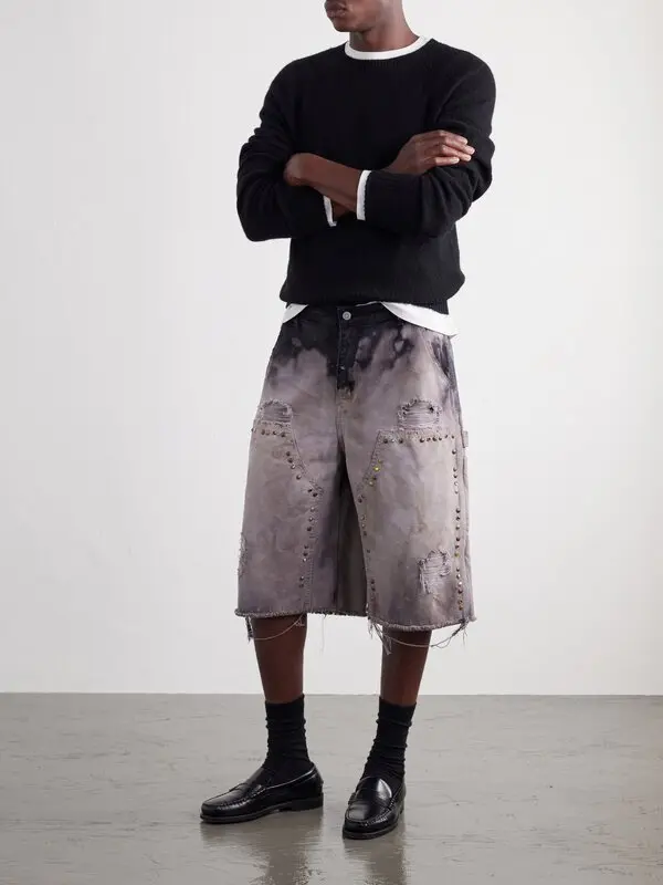 SATOSHI NAKAMOTO Straight-leg Embellished Distressed Denim Shorts - Black