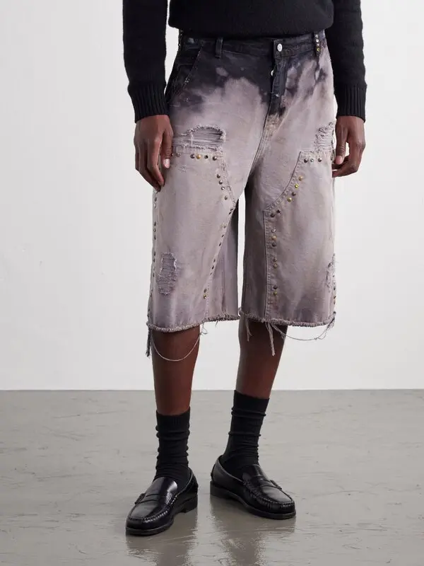 SATOSHI NAKAMOTO Straight-leg Embellished Distressed Denim Shorts - Black