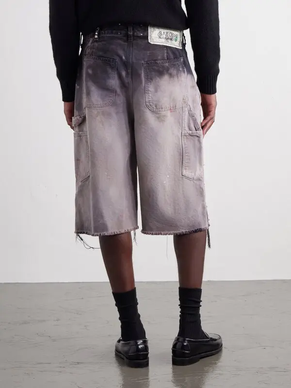 SATOSHI NAKAMOTO Straight-leg Embellished Distressed Denim Shorts - Black