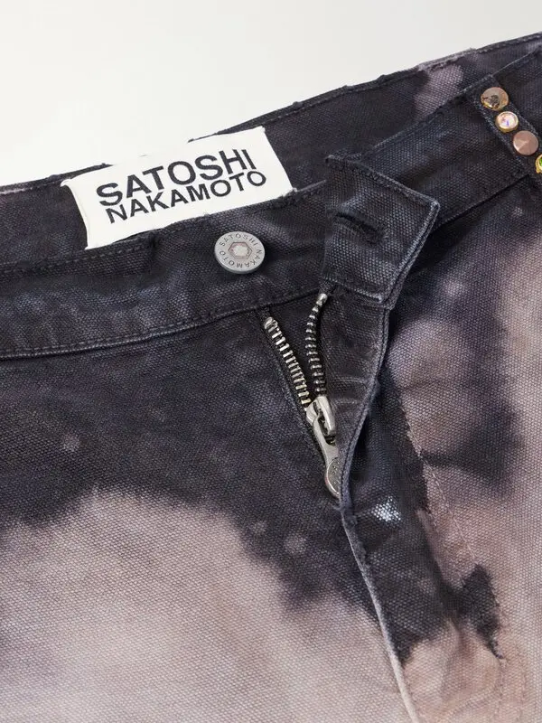 SATOSHI NAKAMOTO Straight-leg Embellished Distressed Denim Shorts - Black