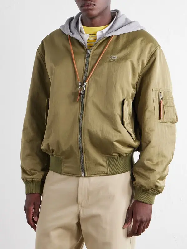 Loewe Anagram Embroidered Leather And Jersey-trimmed Satin Bomber Jacket