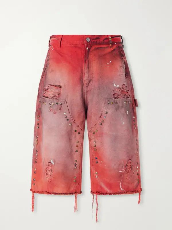 SATOSHI NAKAMOTO Straight-leg Embellished Distressed Denim Shorts