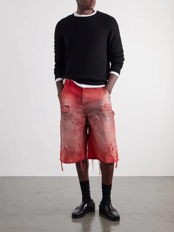 SATOSHI NAKAMOTO Straight-leg Embellished Distressed Denim Shorts
