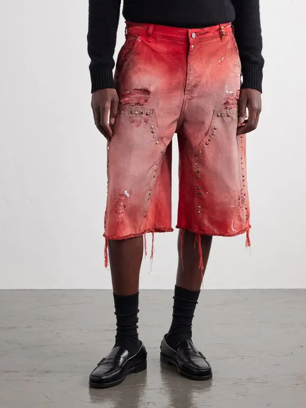 SATOSHI NAKAMOTO Straight-leg Embellished Distressed Denim Shorts