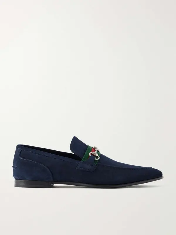 Gucci Como Horsebit-embellished Web-trimmed Suede Loafers - Navy