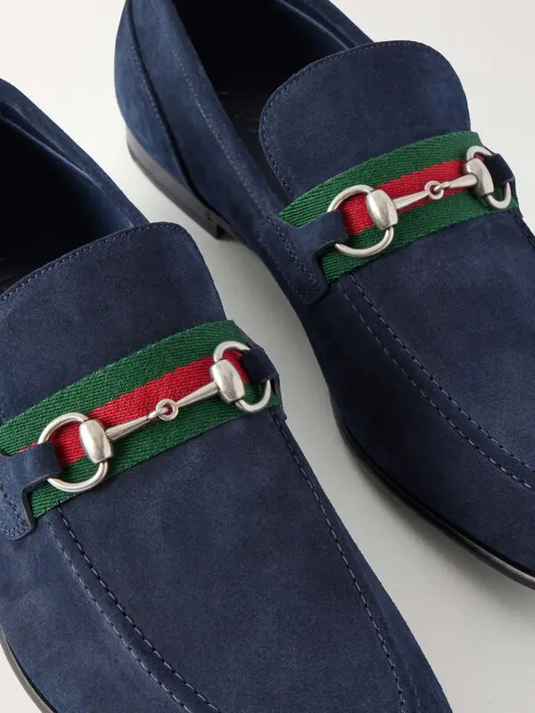Gucci Como Horsebit-embellished Web-trimmed Suede Loafers - Navy