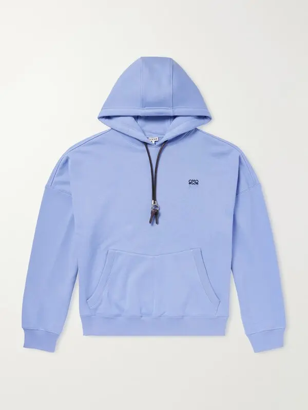 Loewe Anagram-embroidered Leather-trimmed Cotton-jersey Hoodie - Blue