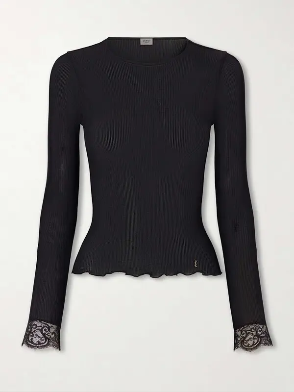 Saint Laurent Lace-trimmed Ribbed-knit Silk T-shirt