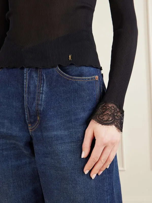 Saint Laurent Lace-trimmed Ribbed-knit Silk T-shirt