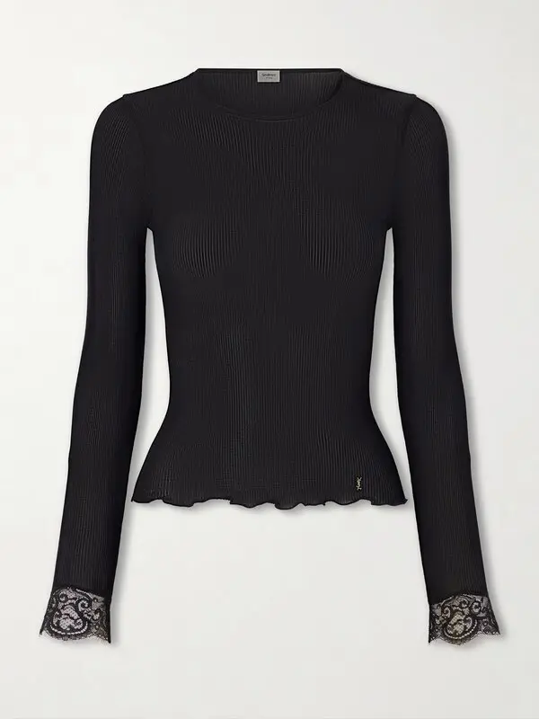 Saint Laurent Lace-trimmed Ribbed-knit Silk T-shirt - Black