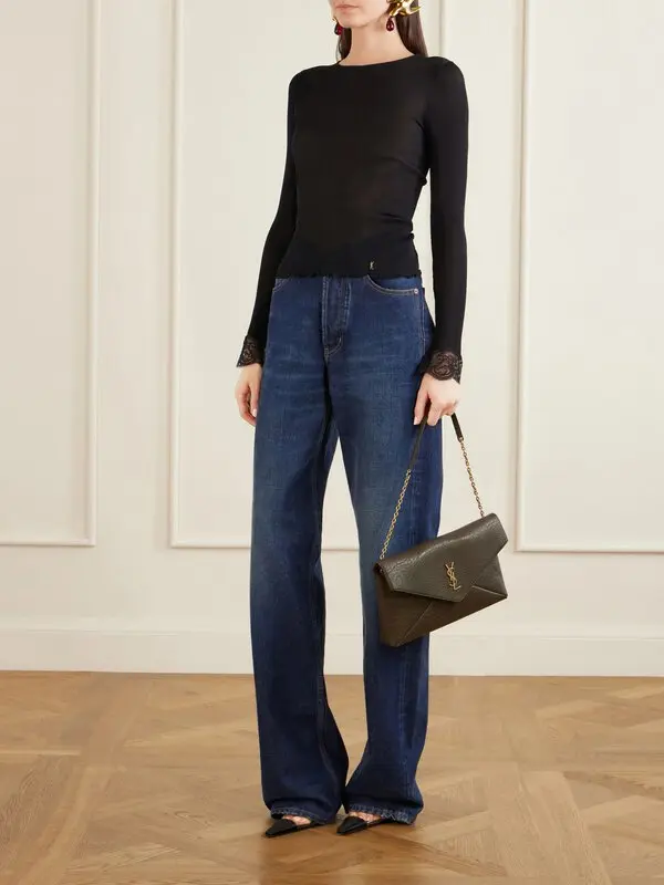 Saint Laurent Lace-trimmed Ribbed Silk T-shirt