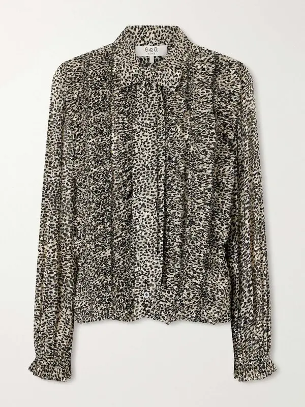 Sea Charlize Tie-detailed Ruffled Animal-print Chiffon Blouse - Black