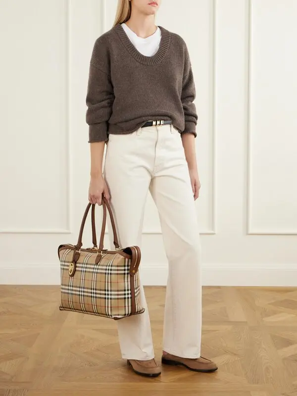 Burberry Medium Check Zip Leather-trimmed Tote - Neutrals